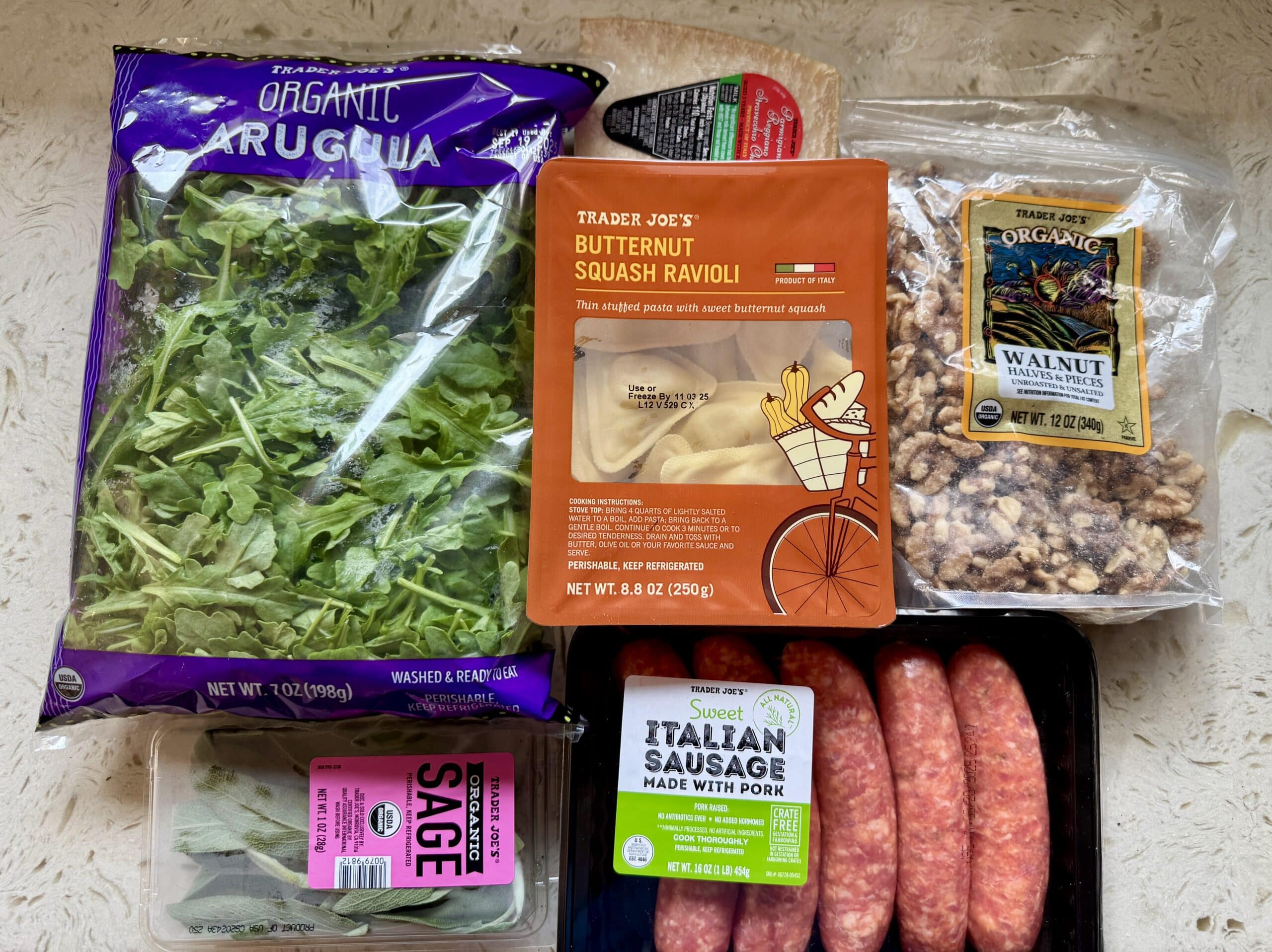 Trader Joe’s Butternut Squash Ravioli with Brown Butter Sage, Sausage & Arugula